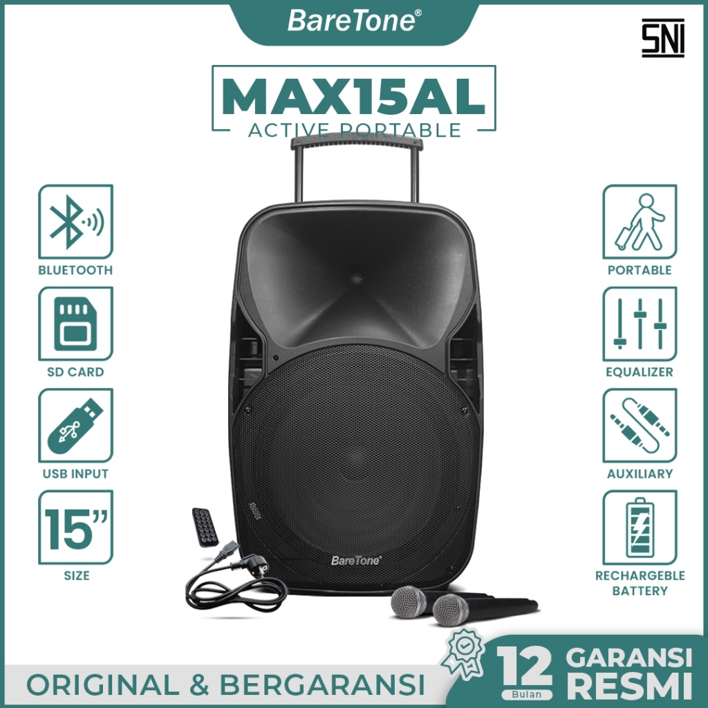 Baretone MAX-15AL 15" Portable Speaker with Two UHF Wireless Microphone ...