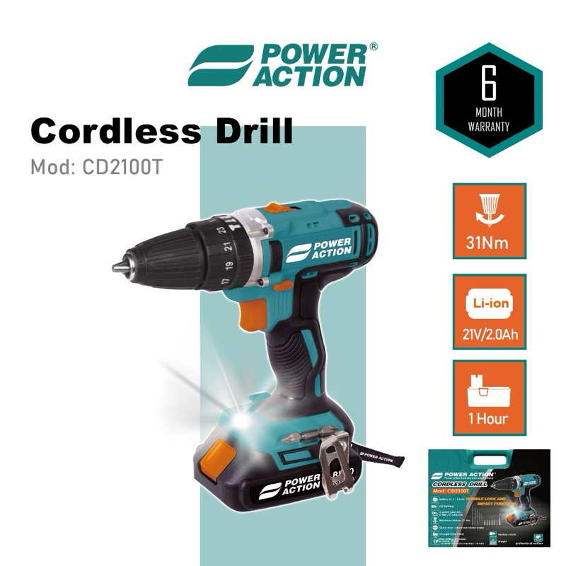 POWER ACTION 21V Impact Cordless Drill CD2100T ( SET WITH 2x BATTERY ...