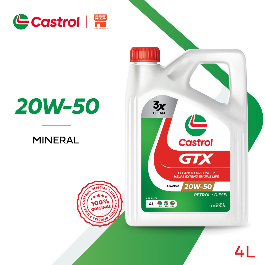 Castrol GTX 20W-50 (4L) Mineral Engine Oil API SN/SN Plus/CF for Petrol ...
