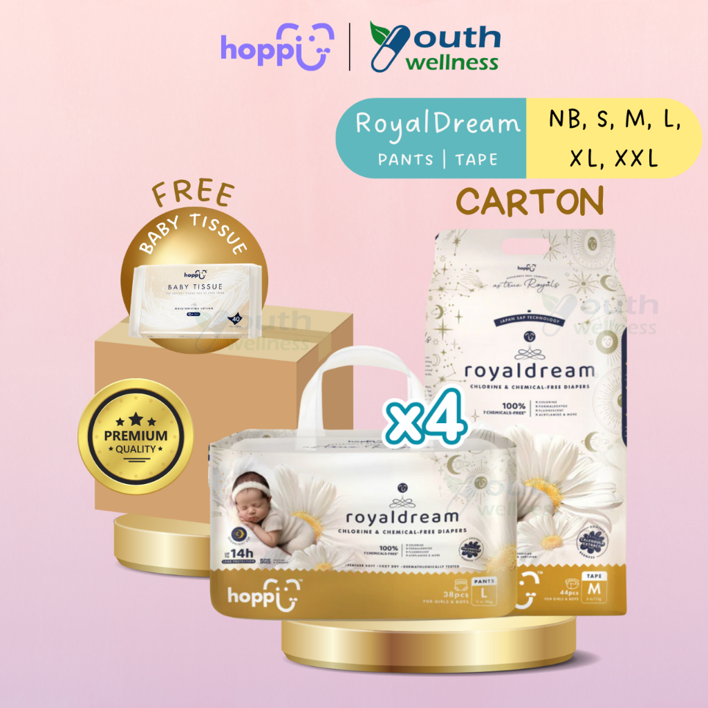 [CARTON] Hoppi RoyalDream Baby Diaper Tape / Pants (4 Pack) 100% 7 Chemical Free | Shopee Malaysia