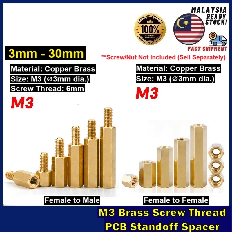 M3 Brass Screw Thread PCB Standoff Spacer Male to Female / Female to ...