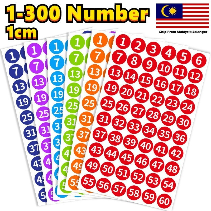 1cm 1-300 Small Size Number Flow Sticker Stick Label Consecutive Nombor Numbering PVC Stickers ...