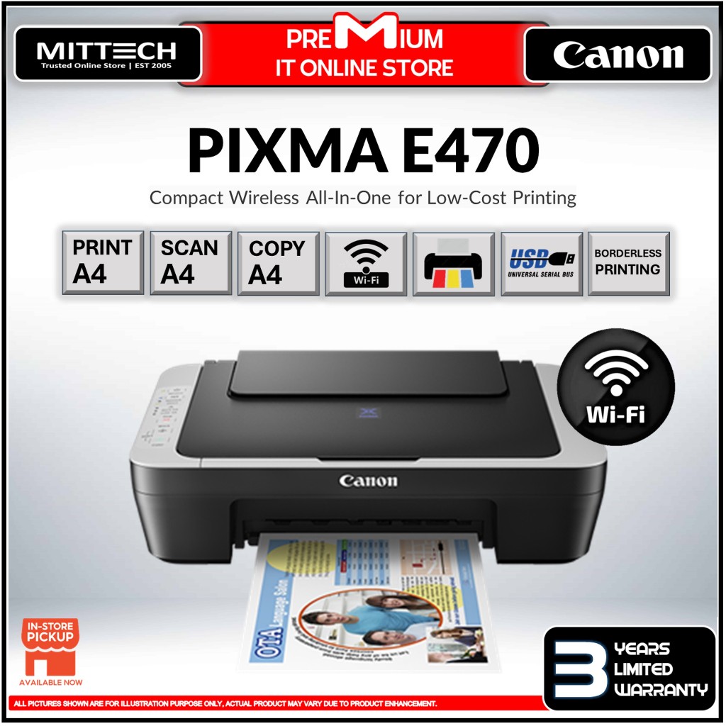 Canon Color Inkjet Printer Pixma E410 Wired E470 Wireless A4 3in1 | Print Scan Copy | Shopee ...