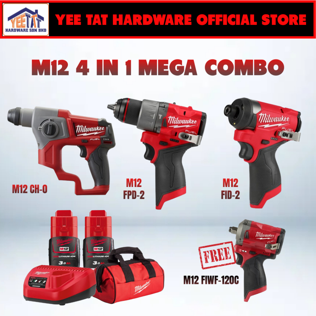[ MILWAUKEE ] M12 4 IN 1 MEGA COMBO Rotary Hammer Impact Driver ...
