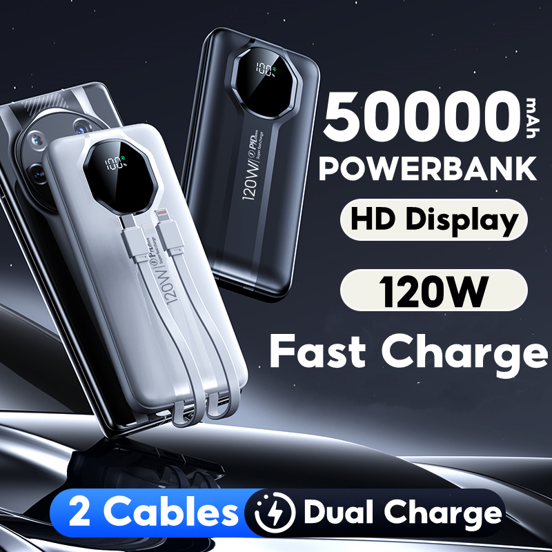 PowerBank 50000mAh Super 120W Fast Charging Built In Dual-Cable PD 20W ...