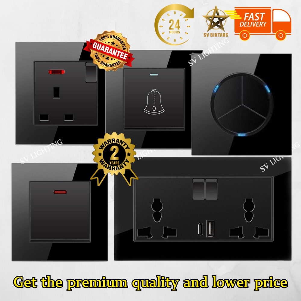 (Ready Stock) Black Style Wall Power Switch Socket Tempered Glass Panel ...