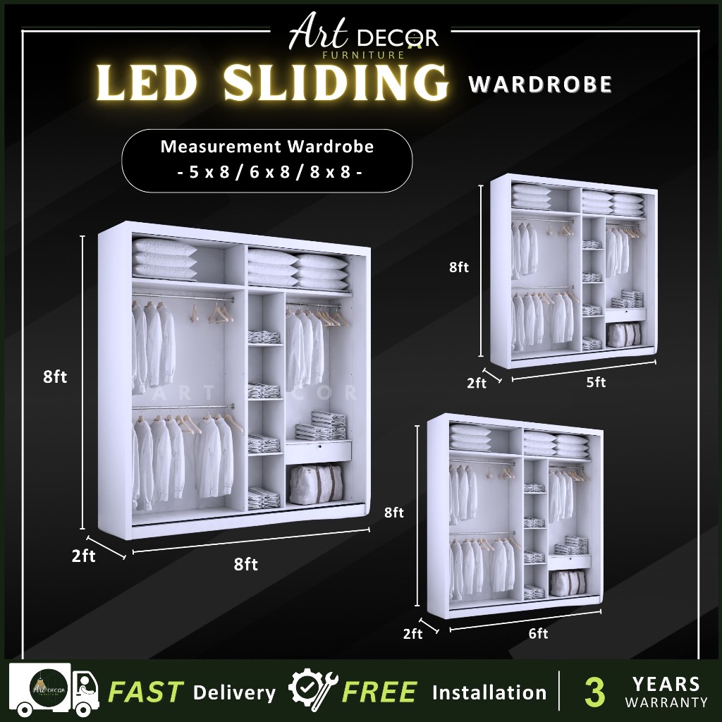 [FREE INSTALL] Almari Baju Full Glass Cermin with LED Light /Mirror ...