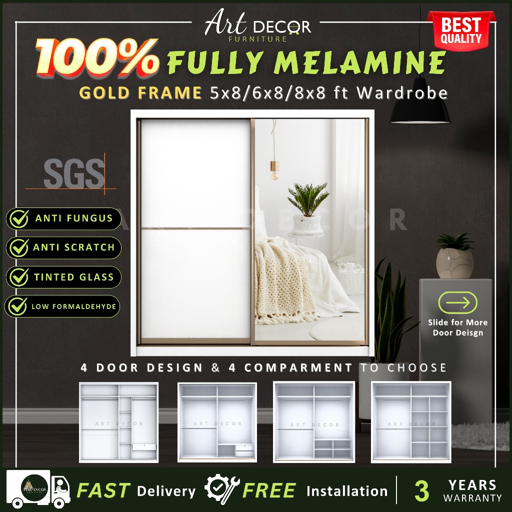 [FREE INSTALL] 100% Melamine Almari Baju Full Cermin /Mirror Wardrobe Sliding Door Anti Jump 5ft ...