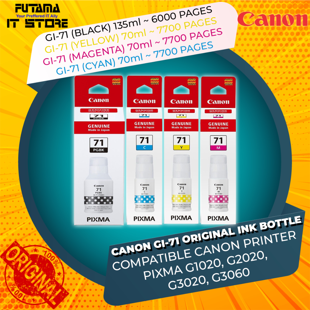 Canon PIXMA GI-71 Ink Bottle Refills (PGBK, C, Y, M) - For PIXMA G1020 ...
