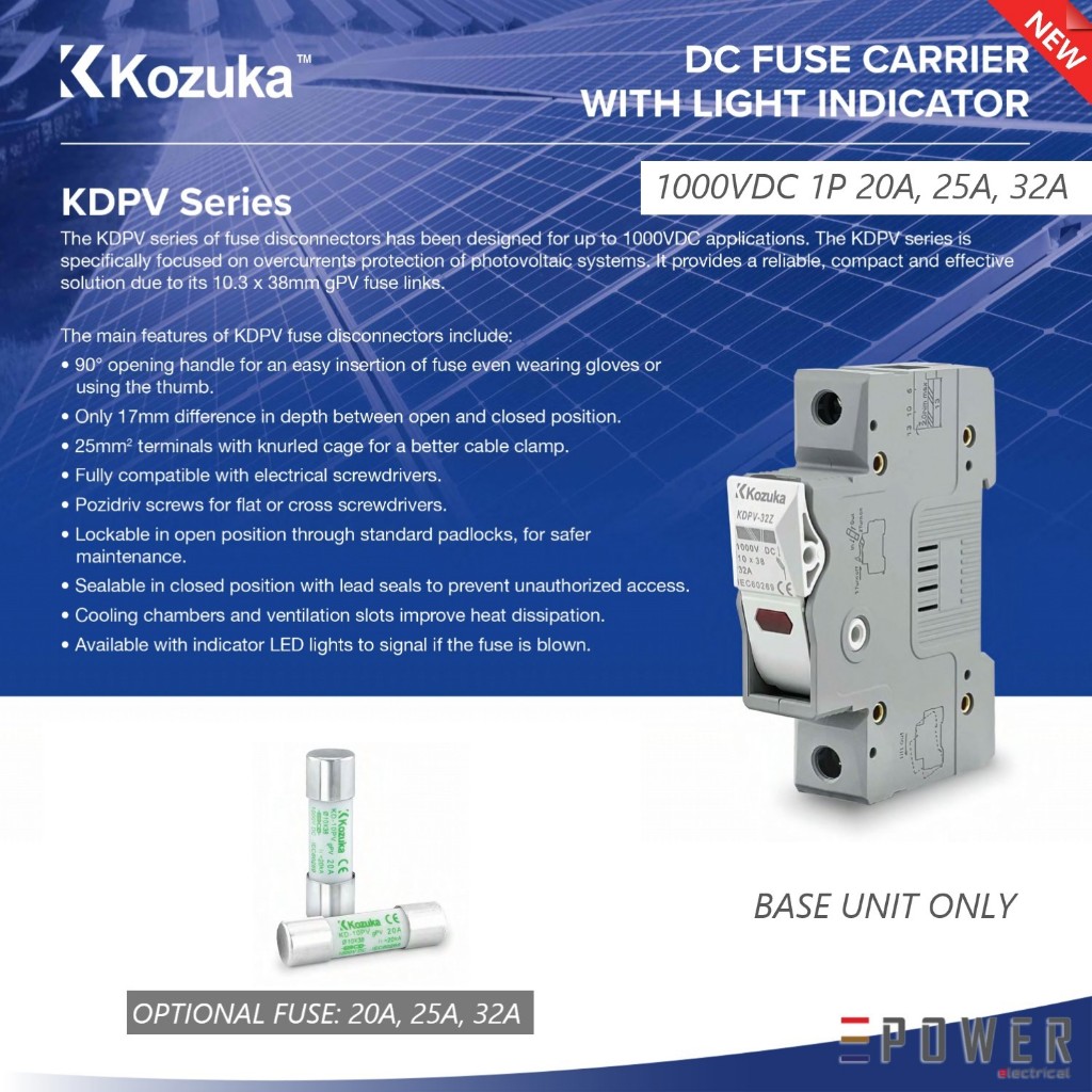 KOZUKA KDPV-32Z PV DC FUSE BASE UNIT WITH LIGHT INDICATOR 1000VDC 1P 20A, 25A, 32A(MAX) | Shopee ...