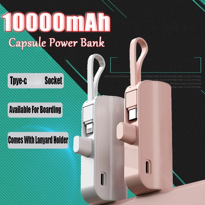 Mini Capsule Power Bank 10000mAh Portable Type C 2 IN 1 Pocket Mini ...
