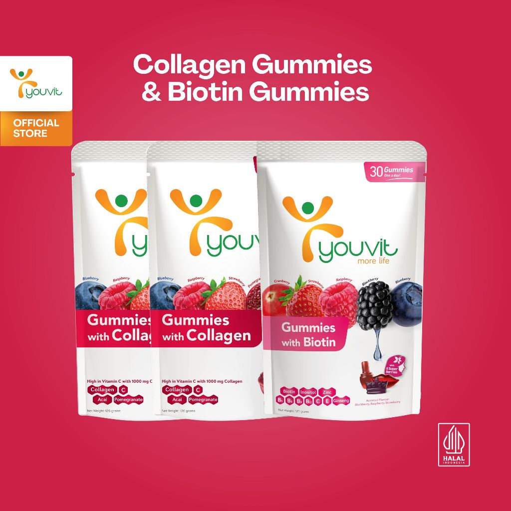 Youvit Collagen (60 Pcs) & Biotin Gummy (30 Pcs) 30 Days Vitamin Anti ...