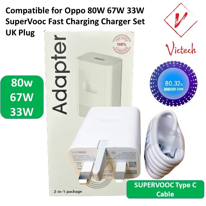 Compatible for Oppo 80W 67W 33W SuperVooc Fast Charging Charger Set UK ...