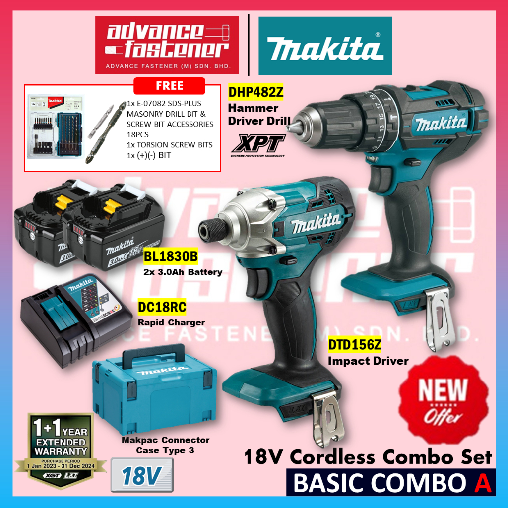 Makita 18V LXT Cordless Combo Set DHP482 Cordless Hammer Driver Drill DTD156 Cordless Impact ...