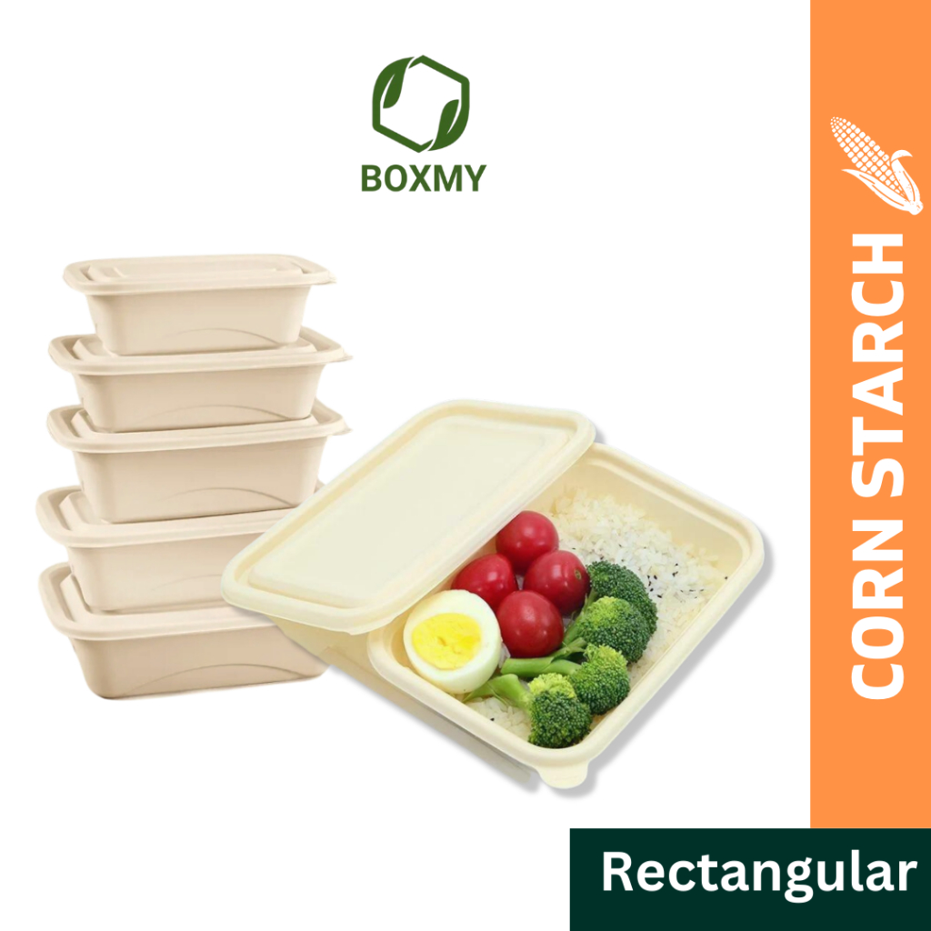 [50 Pcs] CORN STARCH LUNCH BOX Takeaway Bento Bio Lunch Box Container ...