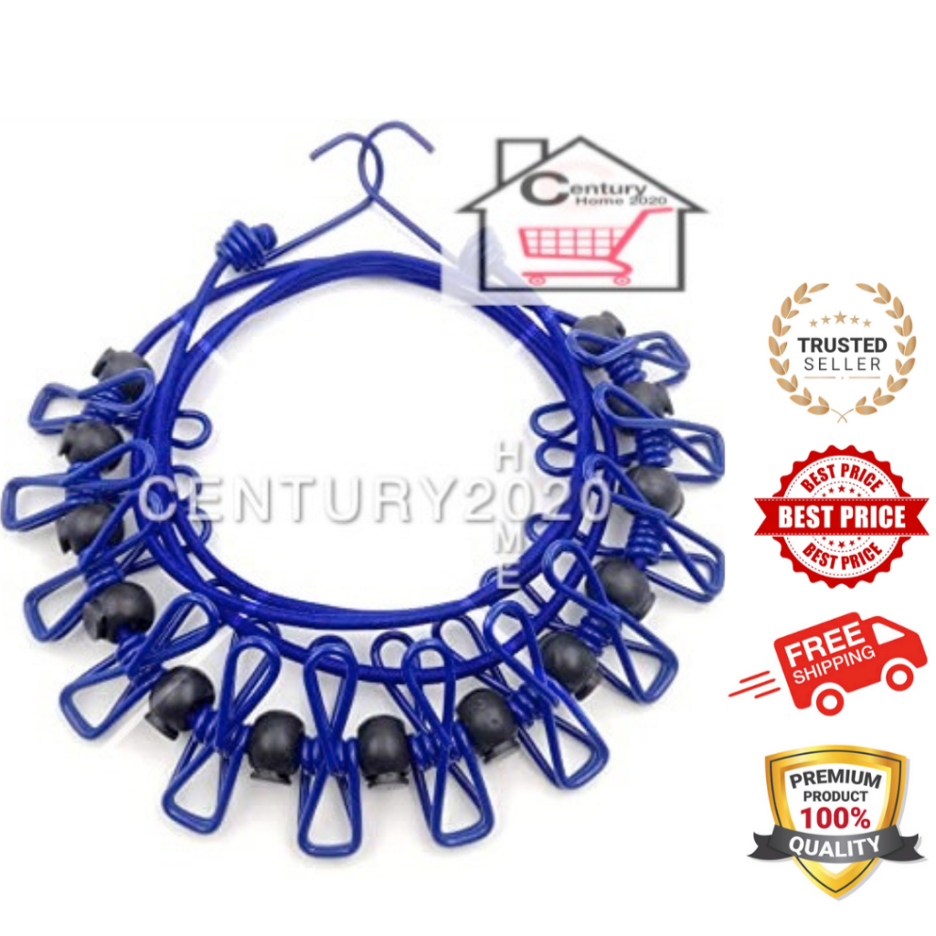 Clothesline Windproof Hanger Drying Rack Hanging Rope Line 12 Clips ...