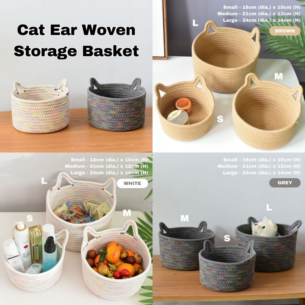 Cat Ear Woven Storage Desk Organizer Basket Cotton Rope Handle Cute ...
