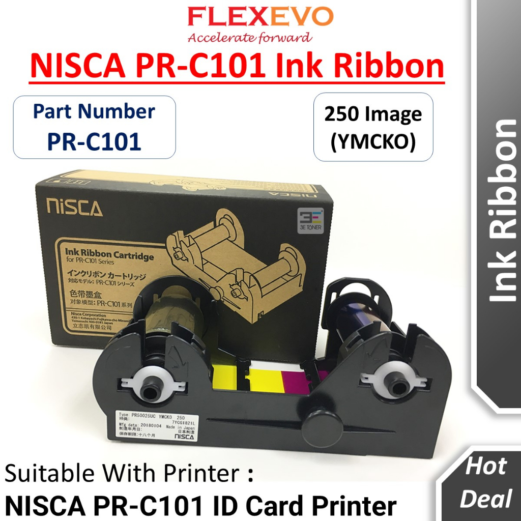 Nisca PR-C101 YMCKO Ink Ribbon Cartridge with Cleaning Card 250 prints PRC101 for ID Card ...