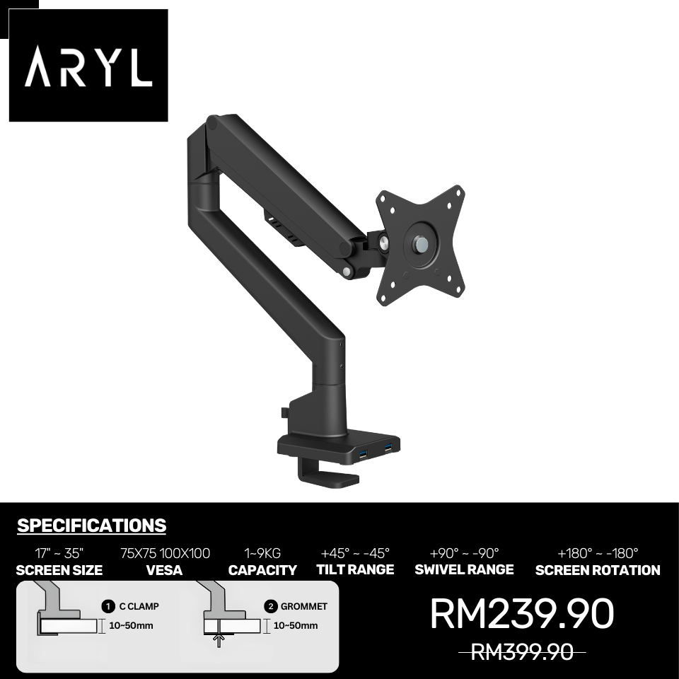 the Aryl™ Single Monitor Thin Gas Spring Monitor Arm with USB Ports ...