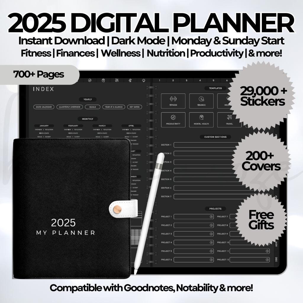 2025 Premium Dark Mode Planner Digital Hyperlinked PDF Journal ...
