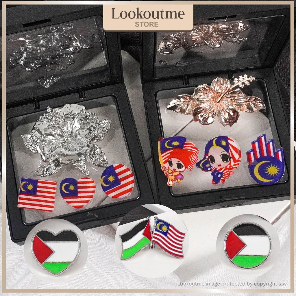 Set Kerongsang Bunga Raya Bendera Palestine Malaysia Brooch Flag ...