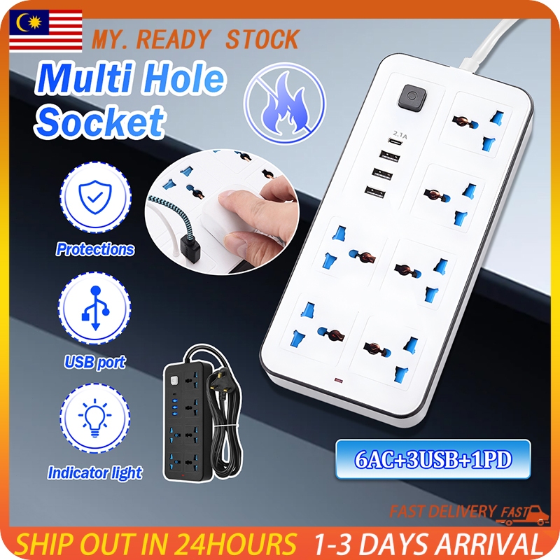 Power Socket 6-Hole Power Socket Extension Cord USB Extension Plug 2 ...