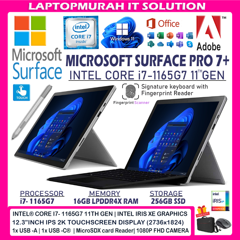 MICROSOFT SURFACE PRO 7+ -INTEL CORE i7-1165G7 WITH FINGERPRINT READER / KEYBOARD & STYLUS PEN ...