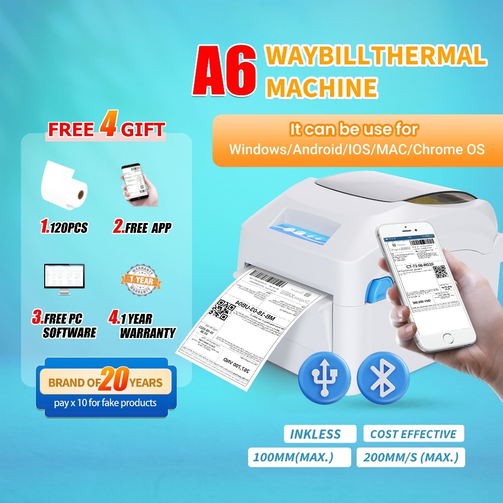 Thermal Printer Bluetooth Waybill Barcode Shipping Bluetooth A6 Printer ...
