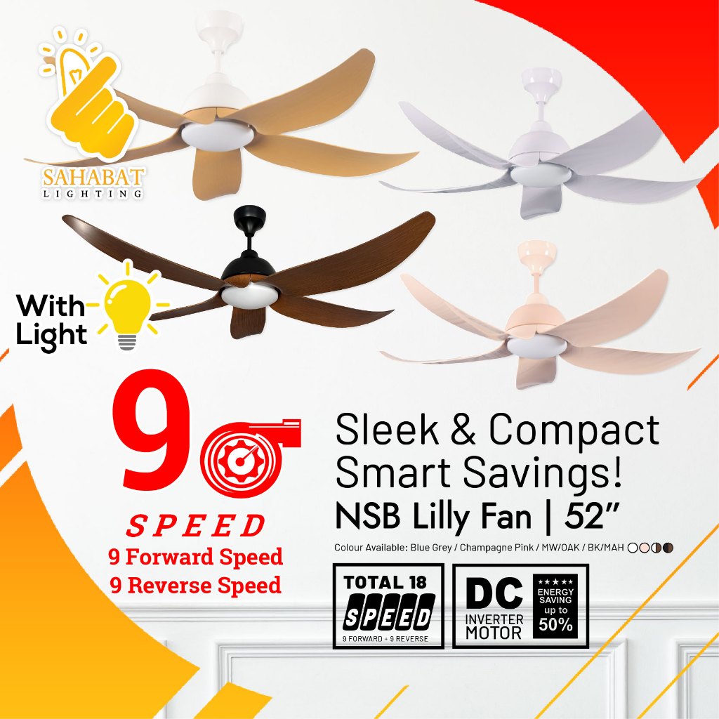 [SIRIM] NSB LILLY 52" DC MOTOR CEILING FAN 3 COLOR LED LIGHT / KIPAS ...