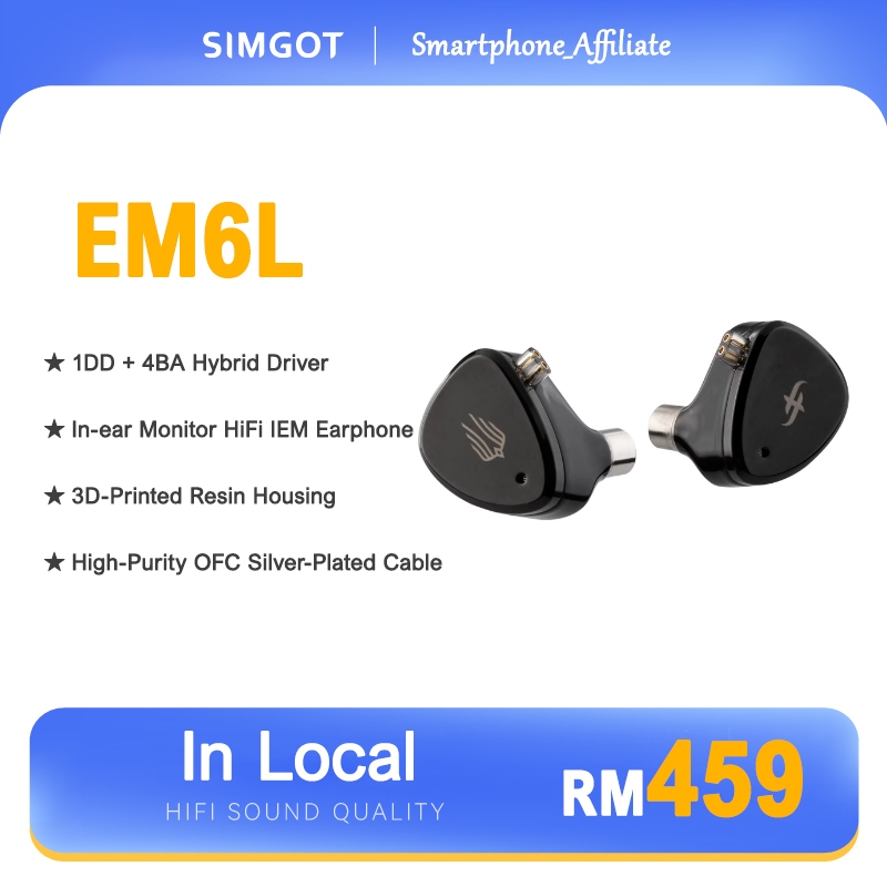 【In Local】SIMGOT EM6L 1DD + 4BA Hybrid Driver In-ear Monitor HiFi IEM ...