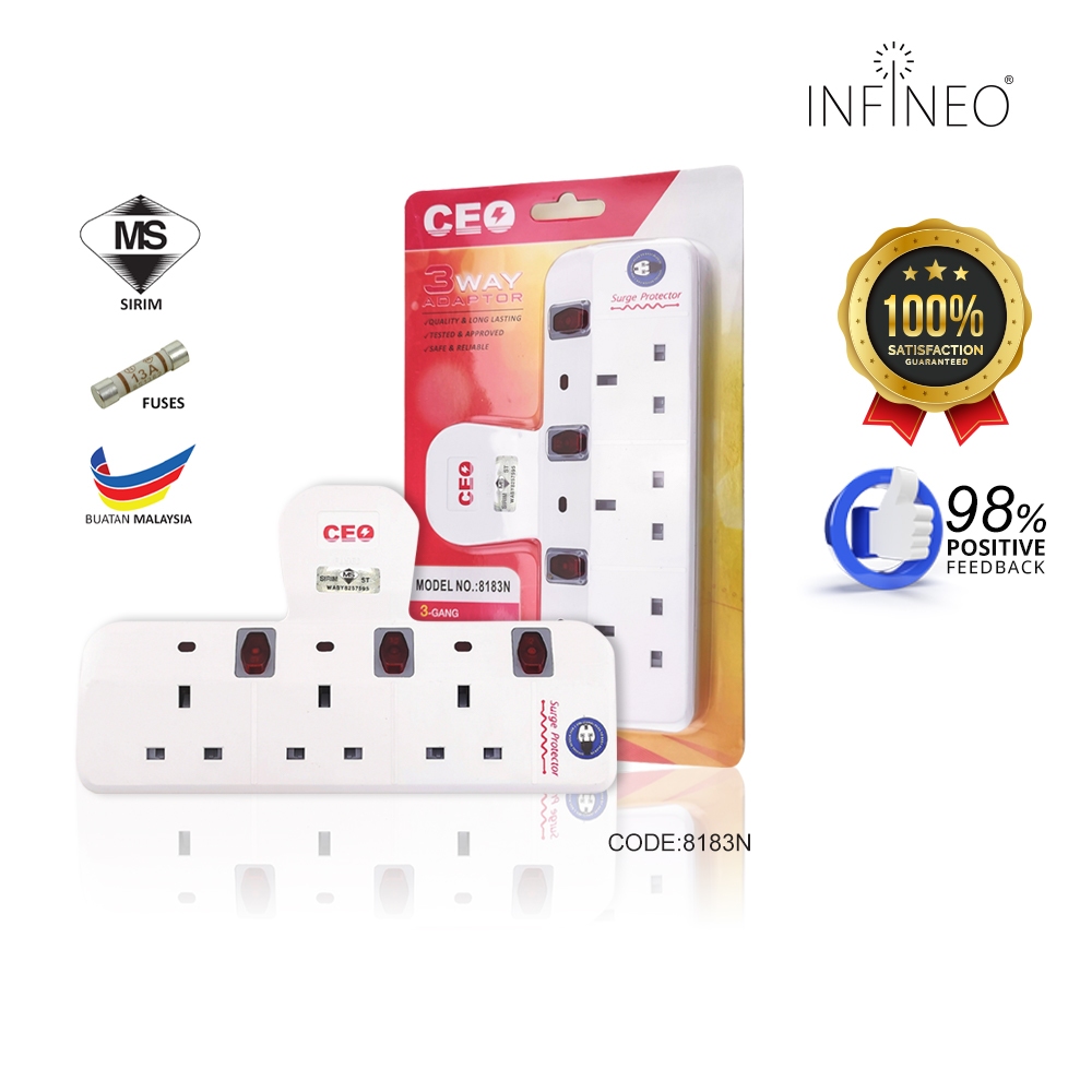 3 Way 4 Way T Socket Adaport Extension With Neon Light And Surge Protector Sirim Approved