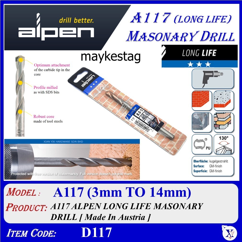 D117 3mm TO 14mm A117 ALPEN LONG LIFE MASONARY DRILL [ Made In Austria ...