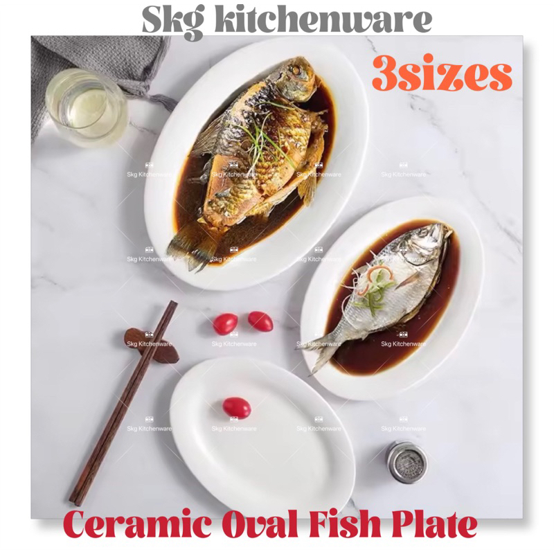 8" / 9" / 10" Microwaveable White Ceramic Oval Fish Plate Steam Fish ...