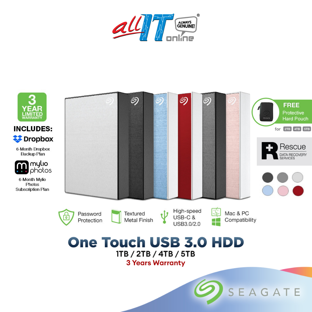 Seagate One Touch USB 3.0 Aluminum Portable Slim External Hard Disk Drive HDD (1TB/2TB/4TB/5TB ...