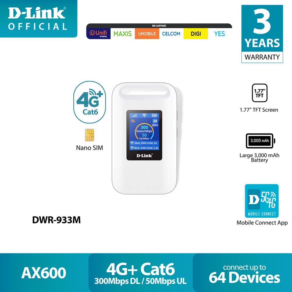 D-Link 4G+ Cat 6 LTE WiFi 6 AX600mbps Dual band Mobile Hotspot MiFi Wireless Portable Modem ...