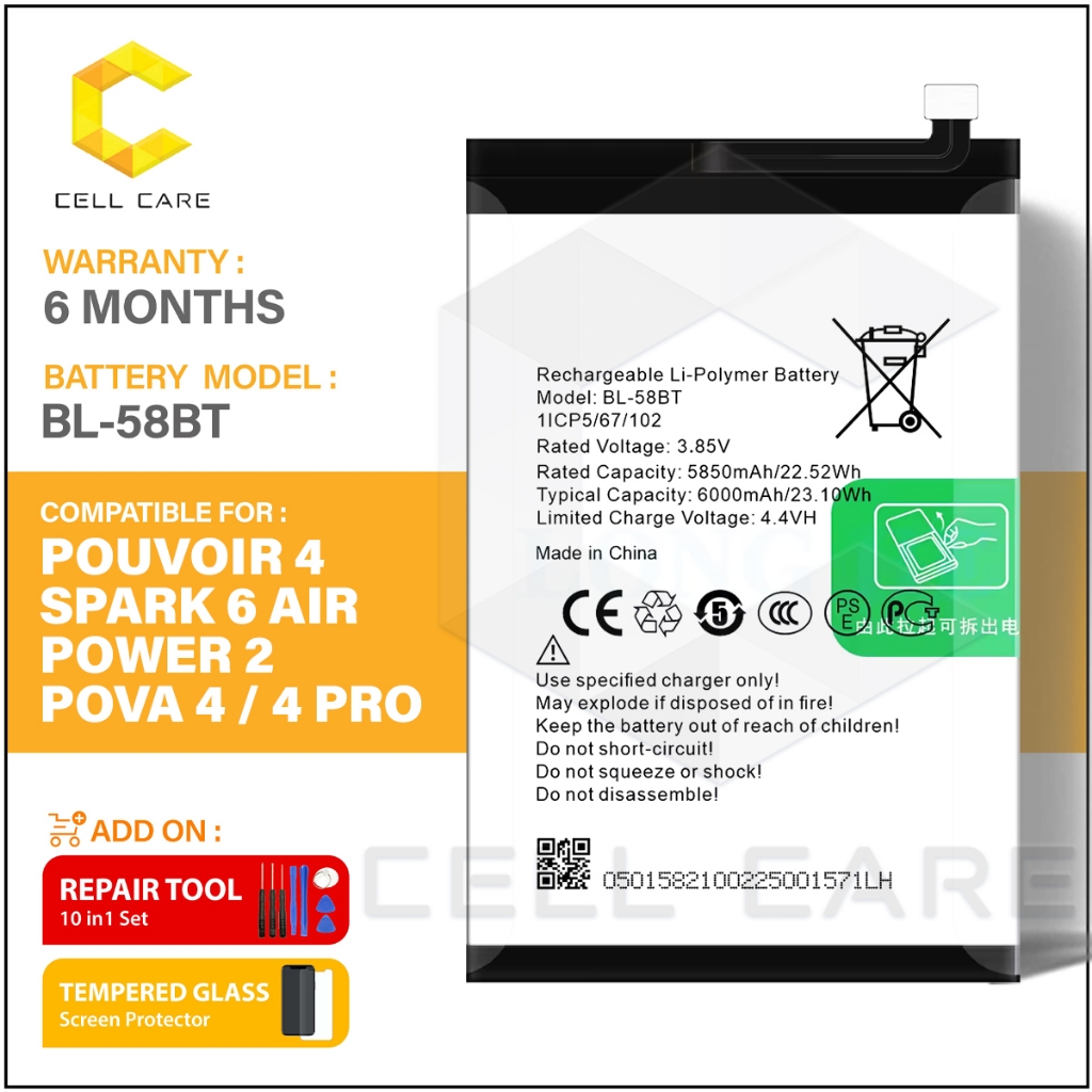 CellCare Battery Bateri BL-58BT Compatible For TECNO POUVOIR 4/ SPARK 6 ...