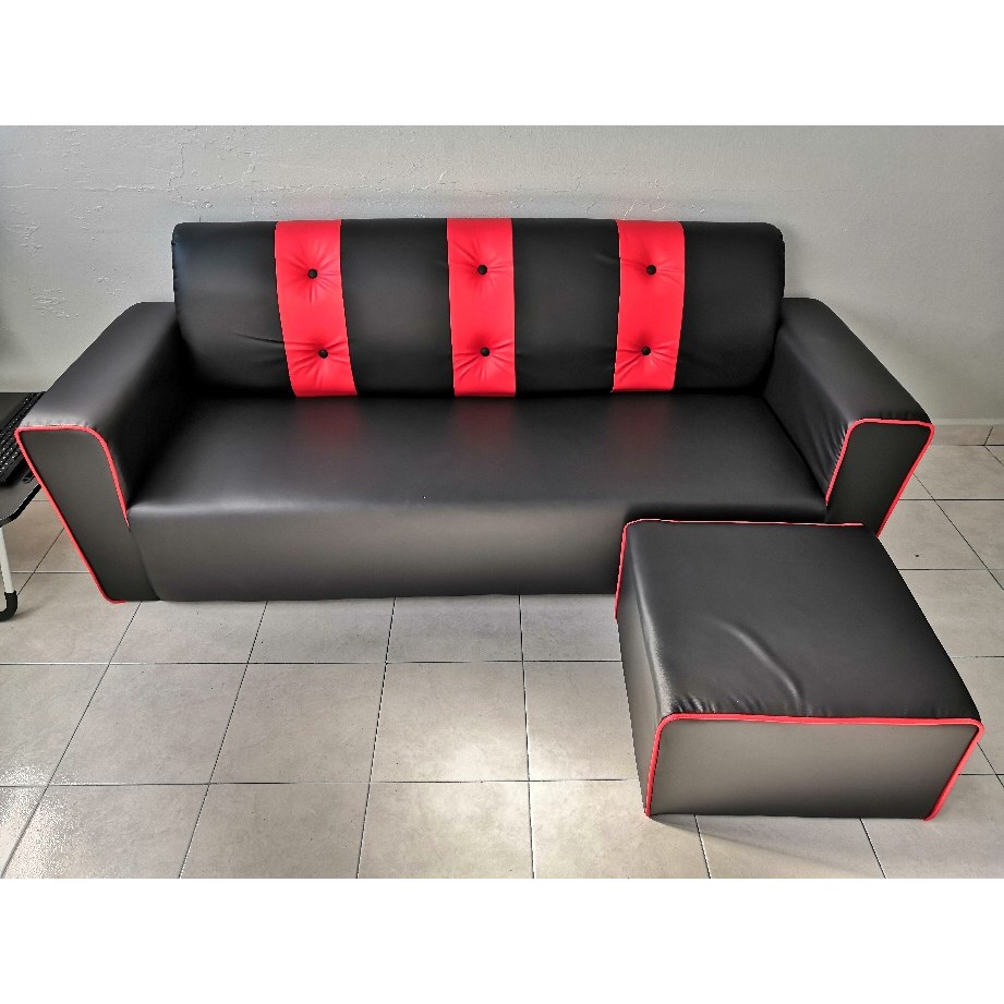 Sofa 3 Seater PVC Red L Shape Sofa Free 1 Stool | Shopee Malaysia