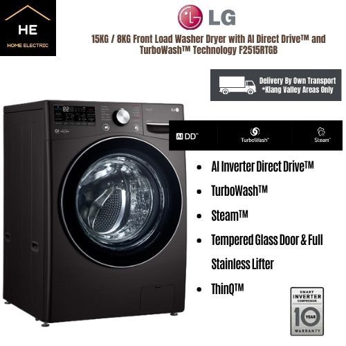 LG 15/8KG Front Load Washer Dryer F2515RTGB with AI Direct Drive™ and ...