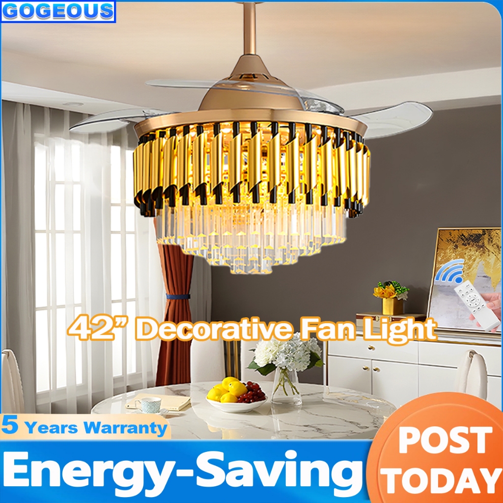 Kristal Kipas Lampu Siling Moden Hiasan 48" Fan Chandelier Tricolor LED ...
