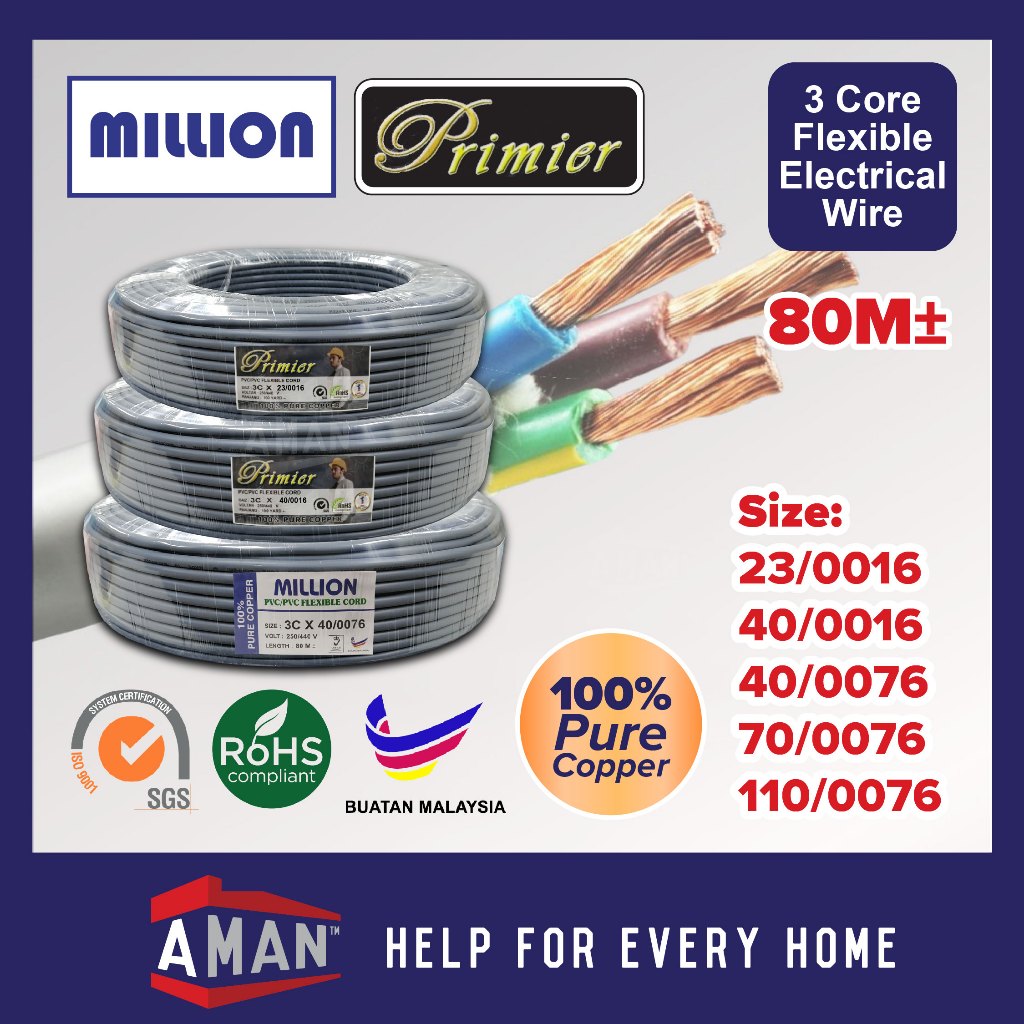 MILLION PRIMIER 3 Core Flexible Electrical Wire Flexible Cable 100% ...