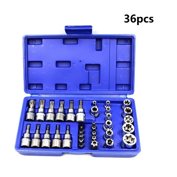 36 Pcs E Torx Bit Drive Set 1/4”,3/8”,1/2” E4-E24 E Torx Star Female ...