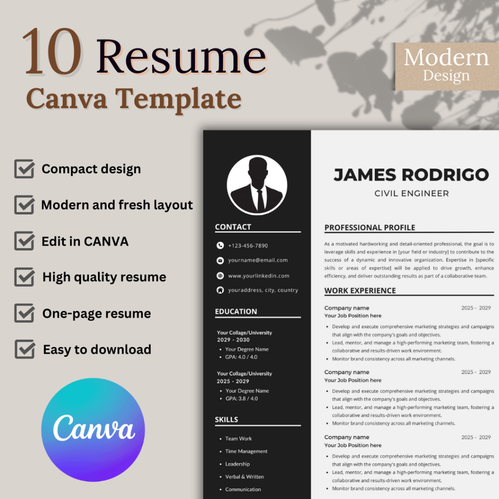 10 Modern Resume Template with Photo | Compact Resume Template | One ...