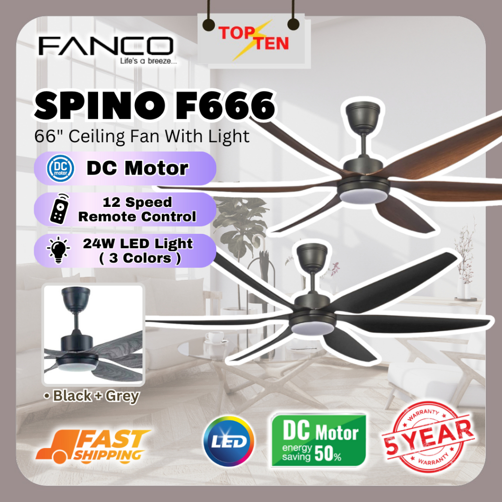 Fanco Spino F666 DC Motor 12 Speeds Ceiling Fan With 3 Color LED Light ...