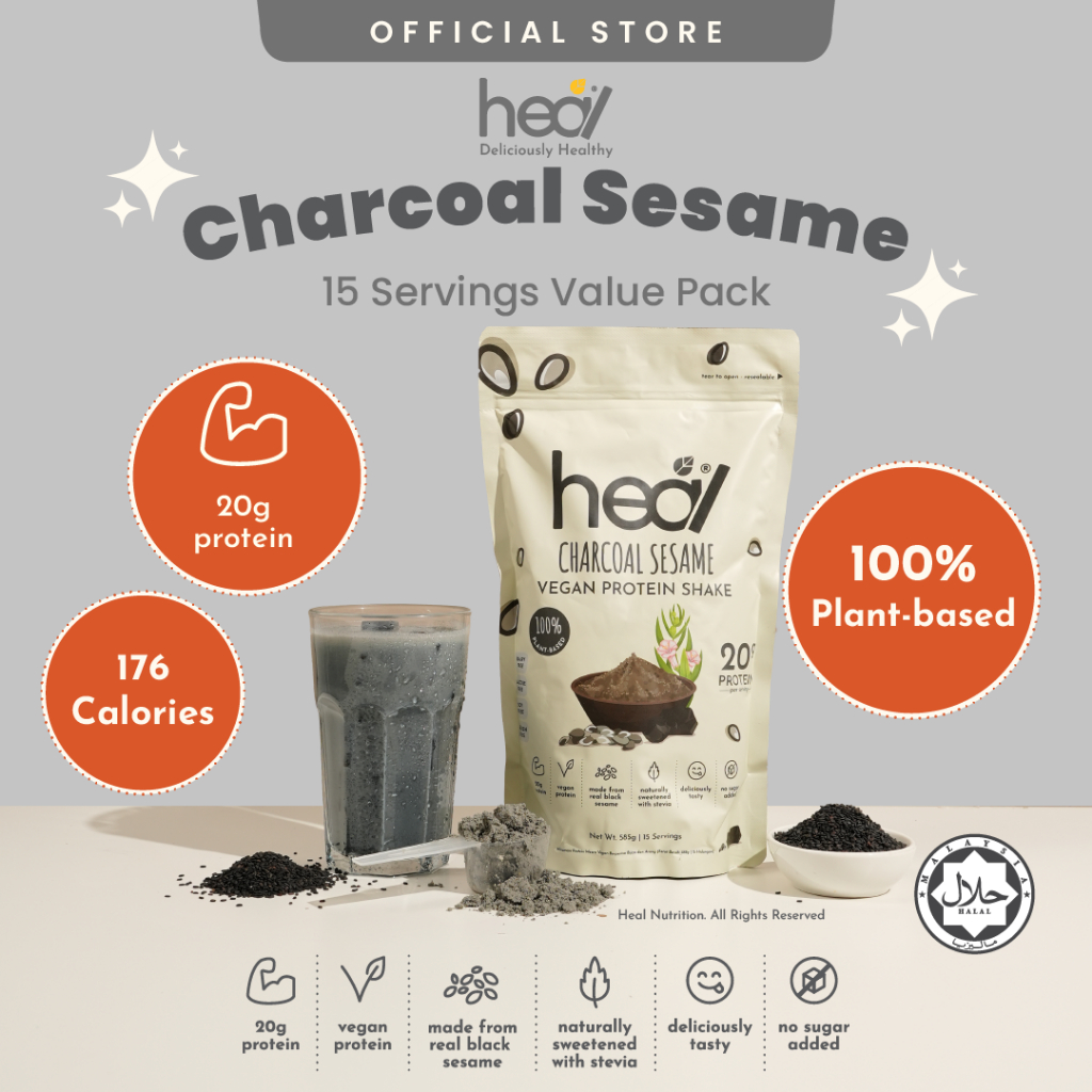 Heal Charcoal Sesame Vegan Pea Protein Shake Powder (585g - 15 Servings) | Plant-Based Muscle ...