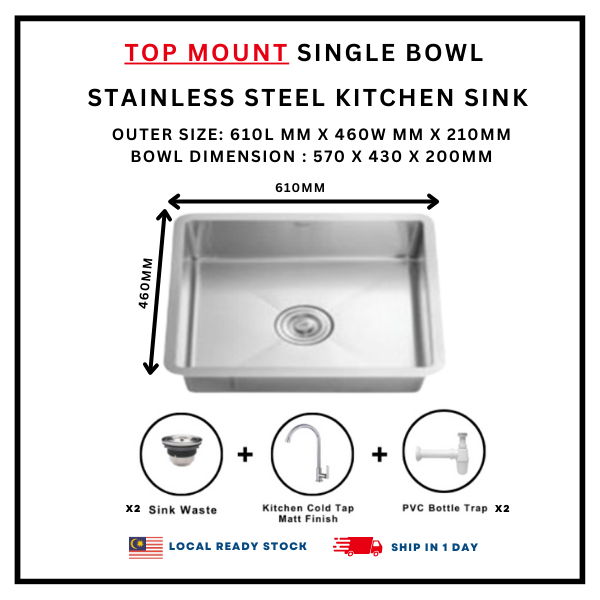Full Set 610mm Stainless Steel 1.0mm Thick Topmount Kitchen Sink Single ...