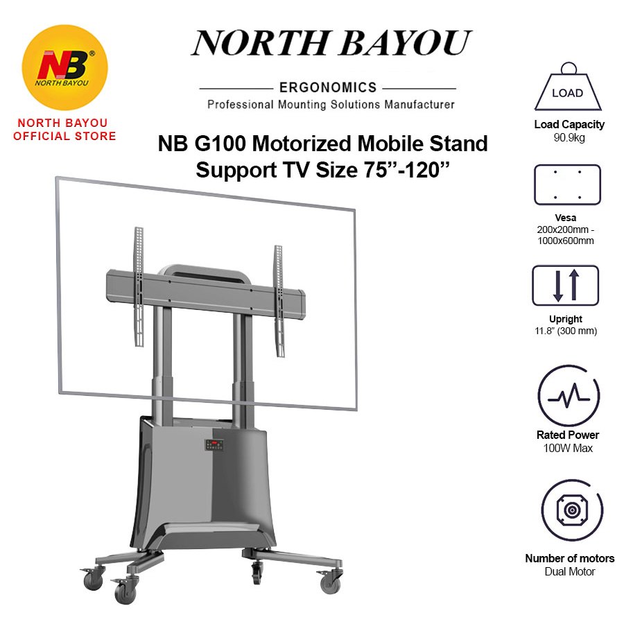 NB G100 Heavy Duty Motorized TV Mobile Cart for TV size 75"-120 ...