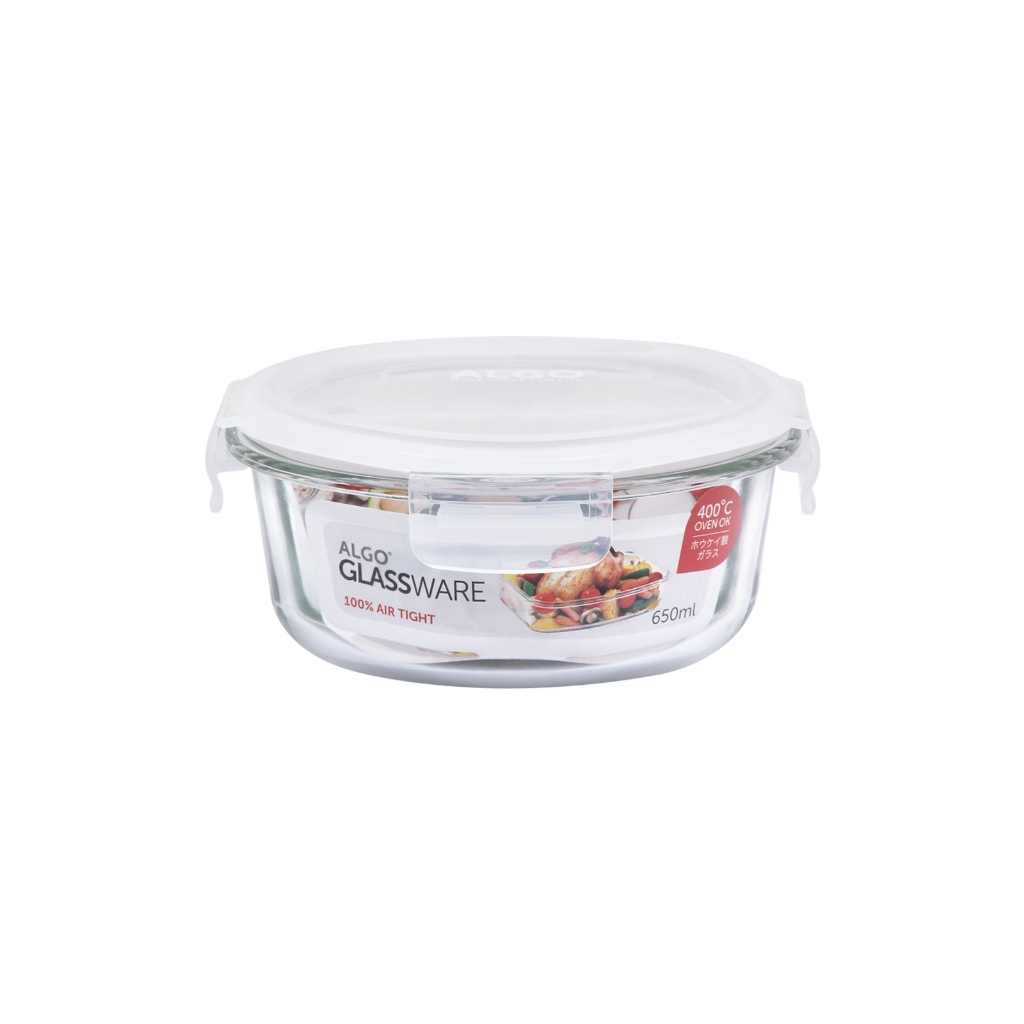 Algo Round Glass Food Container with Divider (650ml/950ml/1200ml ...