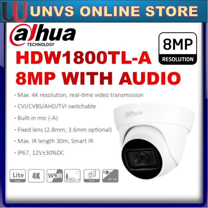 DAHUA 8MP 4K HDW1800TL-A /HFW1800T-A HDCVI DOME/BULLET IR CAMERA (Build in mic recording ...