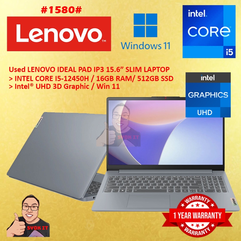 #1580 USED LENOVO IDEAPAD SLIM 3 LAPTOP INTEL CORE I5-12450H 16G 512SSD ...