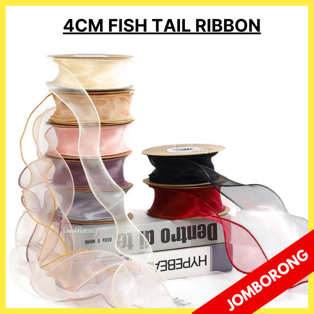 (11M) 4CM FISH TAIL Gold Ribbon Riben Reben Ribben Satin Organza Gift ...